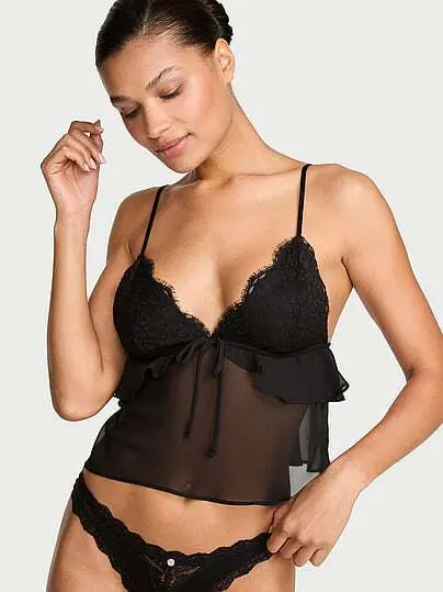 Victoria's Secret Dream Angels Lace & Chiffon Flutter Triangle Bra Top - Black