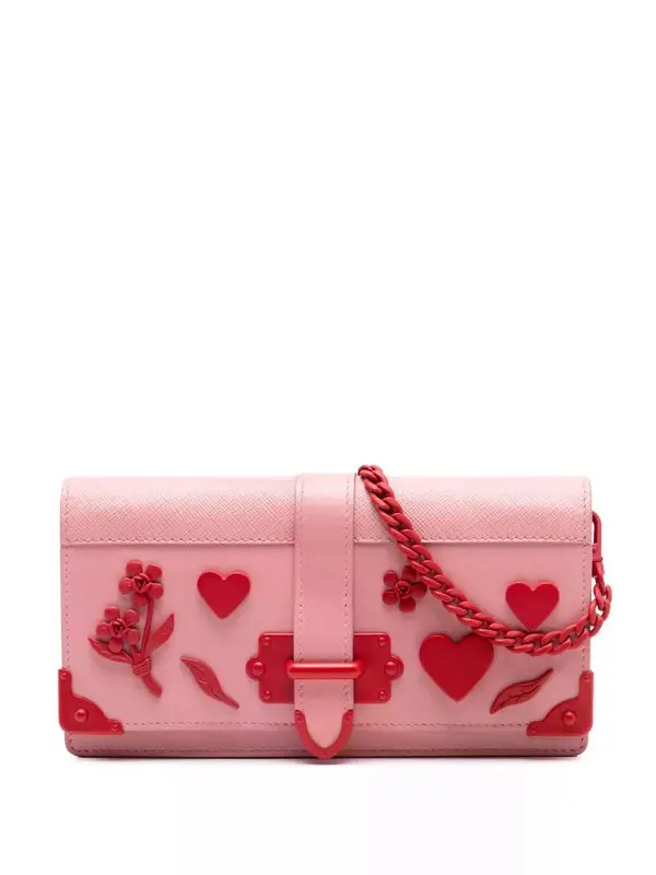 Prada 2010-2026 Saffiano Trimmed City Calf Cahier Heart And Flower Wallet On Chain Crossbody Bag - Pink