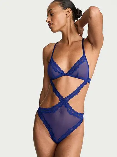 Victoria's Secret Very Sexy Sheer Rose Cut-out Triangle Teddy - Blue