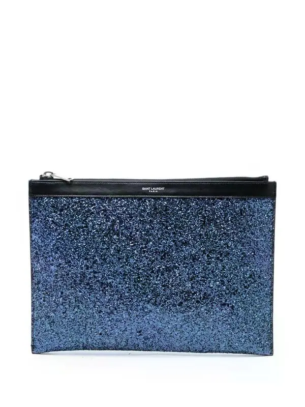 Saint Laurent Glittered Leather Zipped Tablet Pouch Clutch Bag - Black