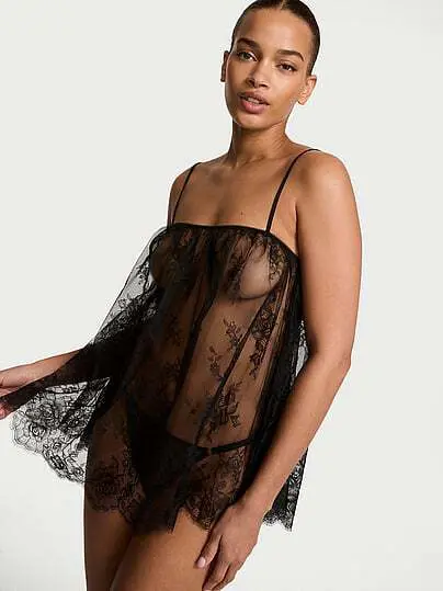Victoria's Secret Very Sexy Rose Lace Straight-neck Babydoll Set - Black