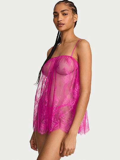 Victoria's Secret Very Sexy Rose Lace Straight-neck Babydoll Set - Pink