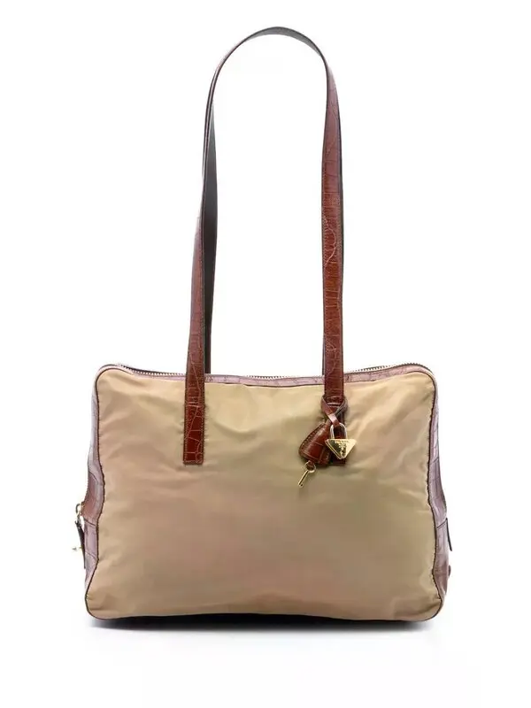Prada Croc Embossed Leather Trimmed Tessuto Shoulder Bag