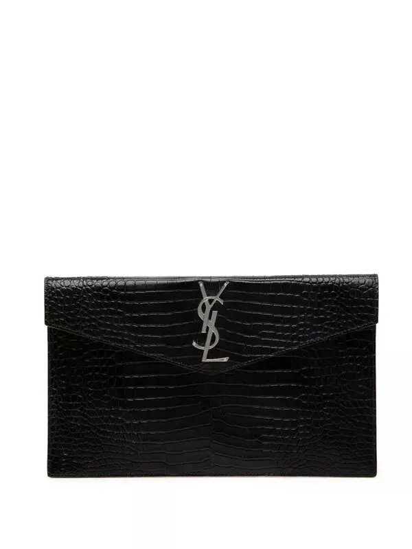 Saint Laurent Croc Embossed Leather Uptown Pouch Clutch Bag - Black
