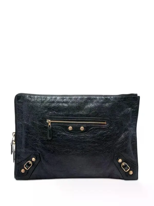 Balenciaga Lambskin Leather Motocross Giant 12 Zip Around Flat Clutch Bag - Black