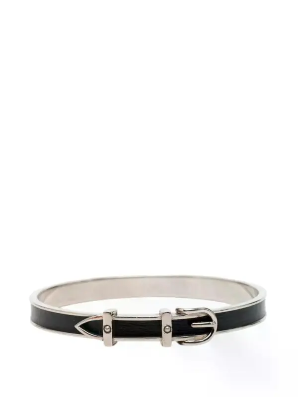 Hermès Palladium Plated And Leather Belt Buckle Bangle Costume Bracelet - Black