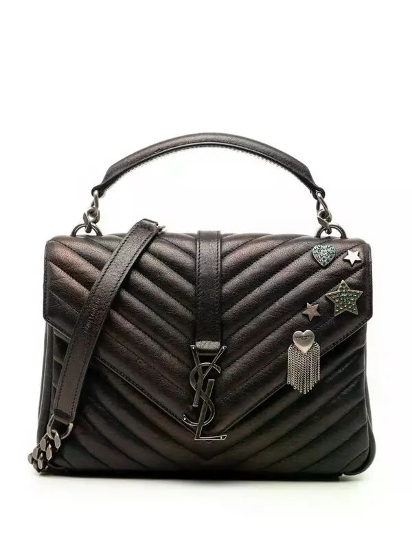 Saint Laurent Medium Metallic Chevron Sheepskin Monogram College Satchel - Black
