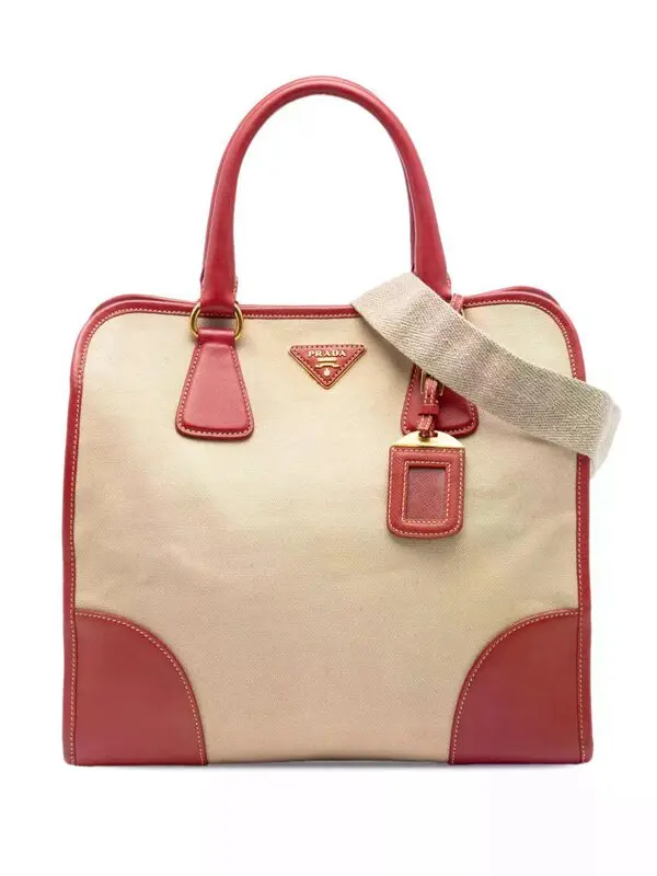 Prada Canapa Saffiano Trimmed Canvas Satchel - Red