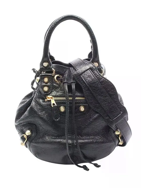 Balenciaga Lambskin Motocross Giant 21 Pompon Bag Satchel - Black