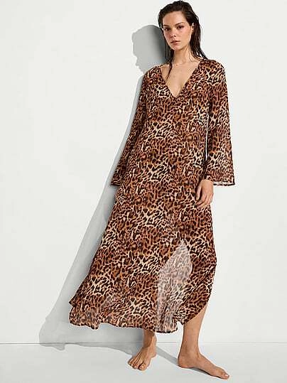 Victoria's Secret Leopard Sheer Plunge Caftan Maxi Dress - Print