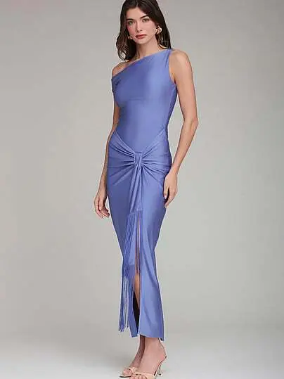 Victoria's Secret Avec Les Filles Asymmetrical Twist Front Midi Dress With Fringe - Blue