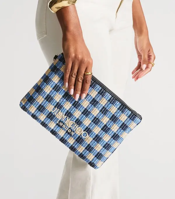 JIMMY CHOO Raffia Gingham Logo Pouch