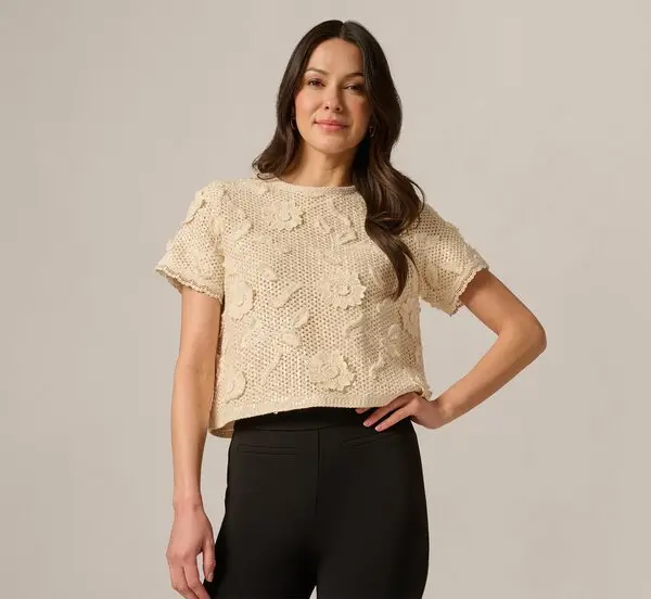 Adrianna Papell Short Sleeve Floral Sequin Crochet Top - Seedpearl