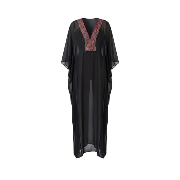 GLAM ON YOU Lydia Djellaba Sheer Silk Maxi Dress With V-neckline - Black