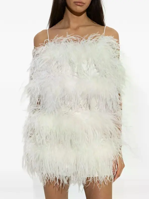 Oseree Feather-embellished Satin Mini Dress