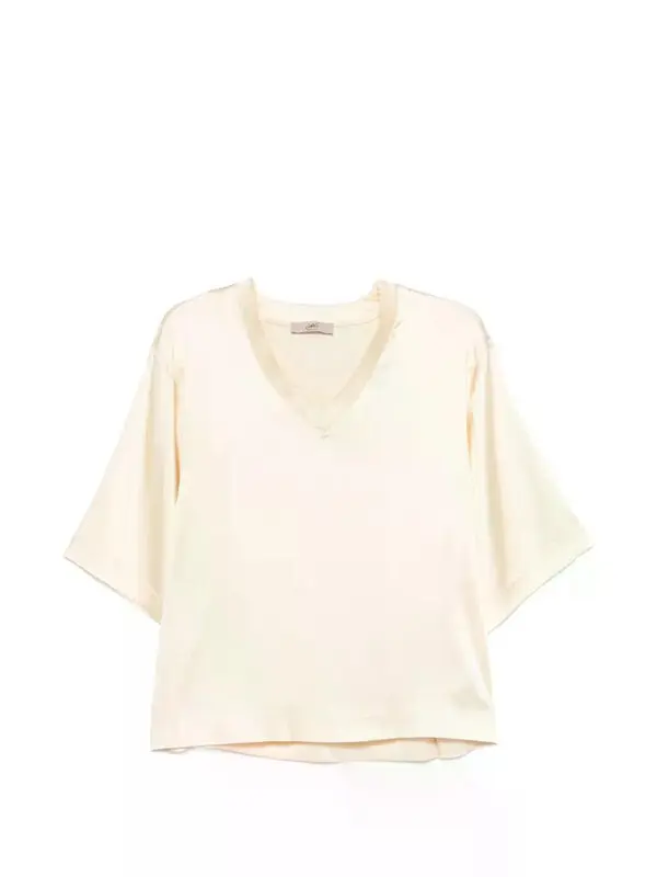 CARLA G. V-neck Blouse In Cream Satin