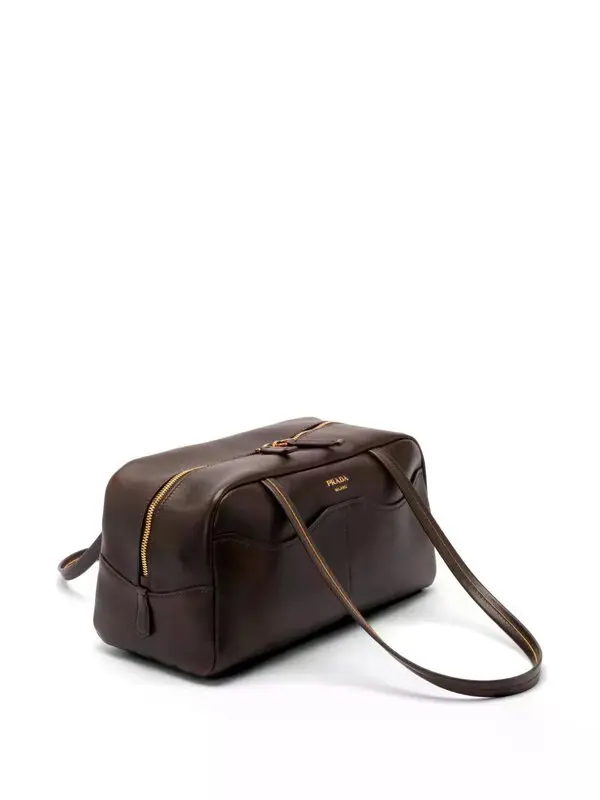 Prada Large Antiqued Leather Shoulder Bag With Logo Lettering - Brown