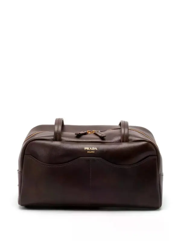 Prada Large Antiqued Leather Shoulder Bag With Logo Lettering - Brown