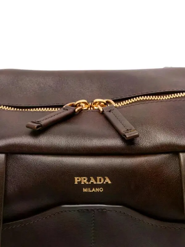 Prada Large Antiqued Leather Shoulder Bag With Logo Lettering - Brown