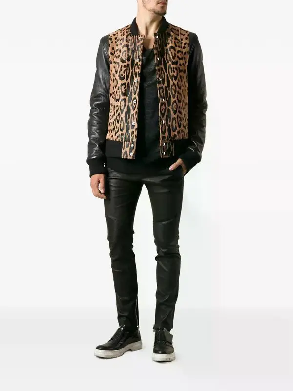 Balmain Leopard Print Leather Sleeve Jacket