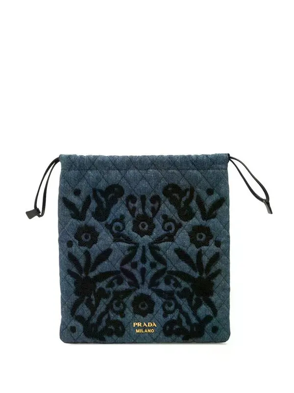 Prada Impuntu Denim Embroidered Drawstring Pouch - Blue
