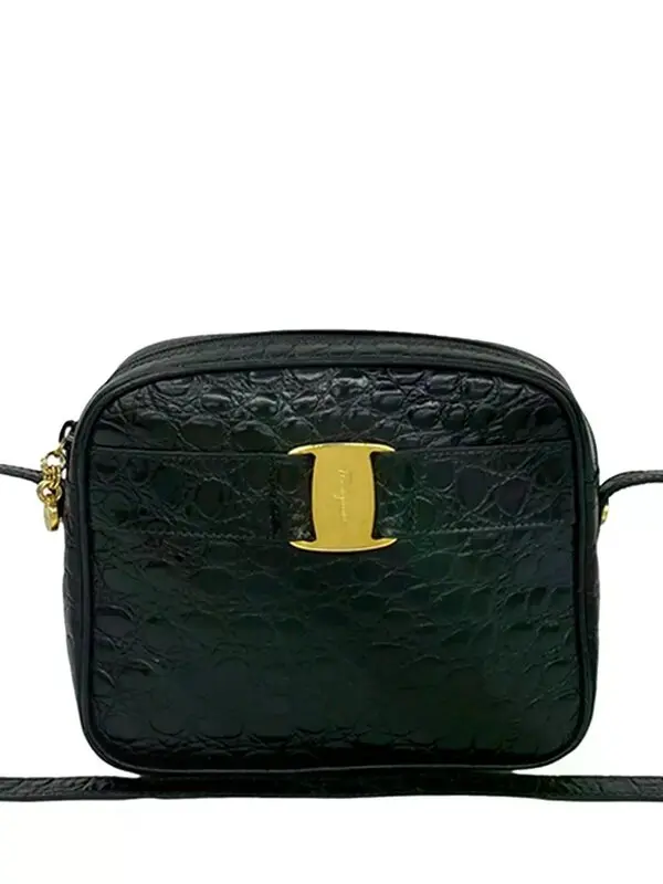 FERRAGAMO Croc Embossed Leather Crossbody Bag - Black