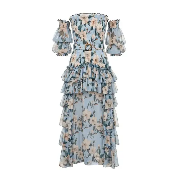 NUR KARAATA Riviera Long Dress With Floral Print And Tiered Ruffles