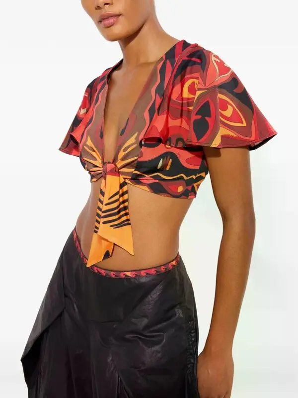 Emilio Pucci Angoli-print Knotted Jersey Satin Top - Red