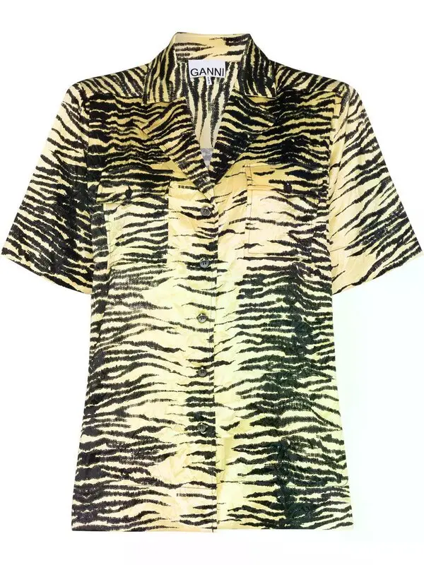 GANNI Tiger Print Notch Collar Shirt