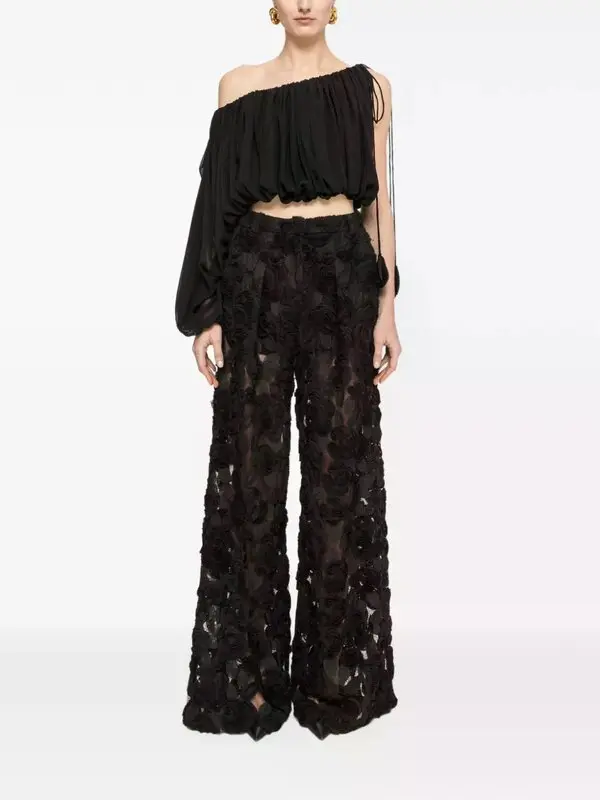 NISSA Embroidered Wide-leg Trousers - Black