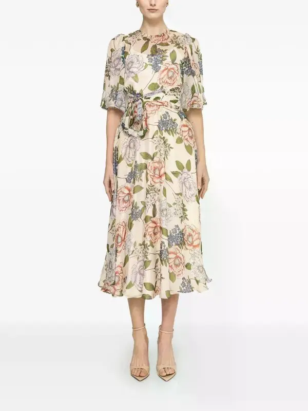 NISSA Floral Print Silk Dress - Neutrals