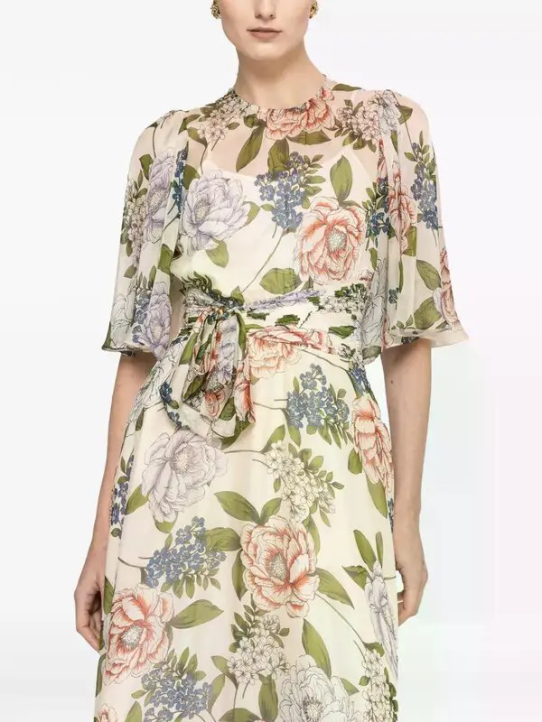 NISSA Floral Print Silk Dress - Neutrals