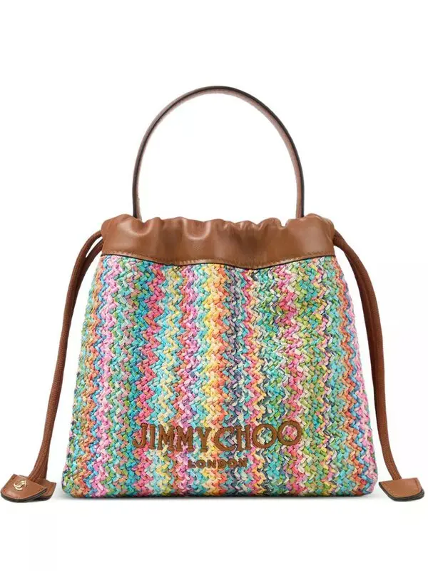 JIMMY CHOO Raffia Drawstring Pouch With Leather Trims And Top Handle - Brown