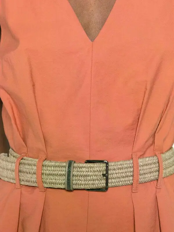 Brunello Cucinelli V-neck Belted Pleated A-line Mini Dress