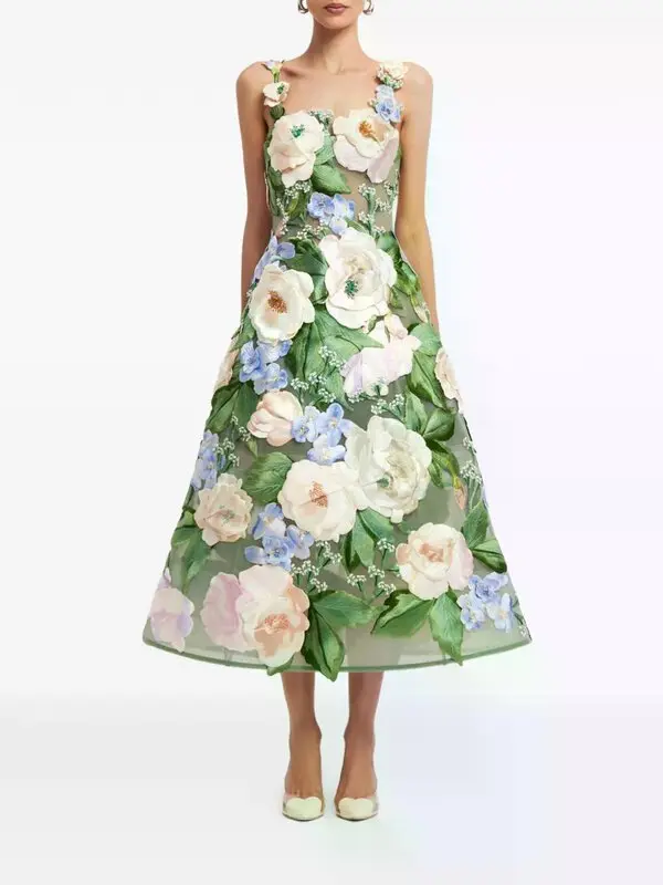 LEO LIN Beatrice Floral-embroidered Dress - Green
