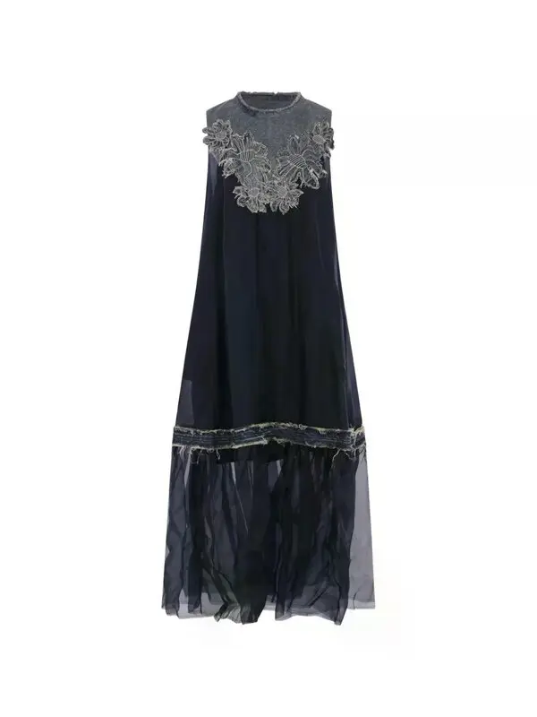HUI HUI Lavanda Floral-patch Frayed-trim Midi Dress - Blue