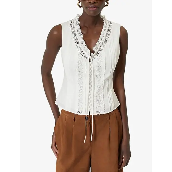 The Kooples Sleeveless V-neck Cotton Top With Lace Trim