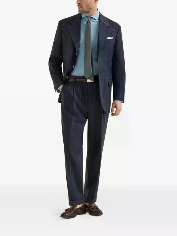Brunello Cucinelli Virgin Wool Chalk Stripe Double Pleat Trousers - Blue