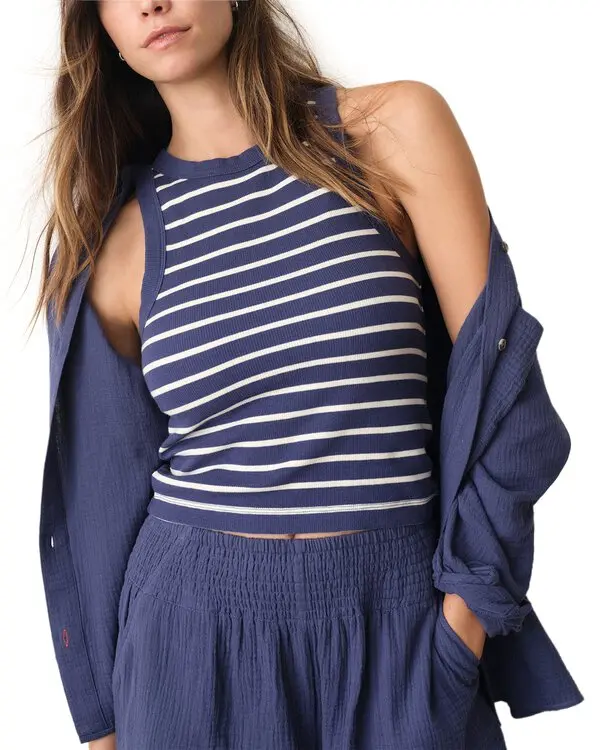 Marine Layer Ribbed High Neck Crop Tank - Blue White