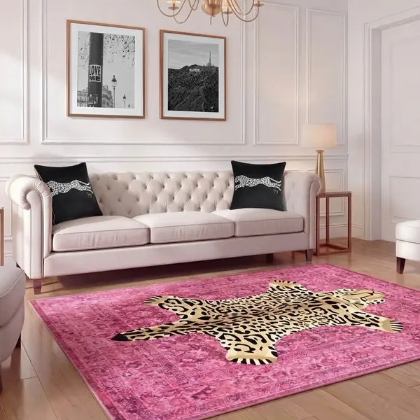 Juicy Couture Finely Washable Rug With Leopard Print Accent - Leopard Medallion Hot Pink