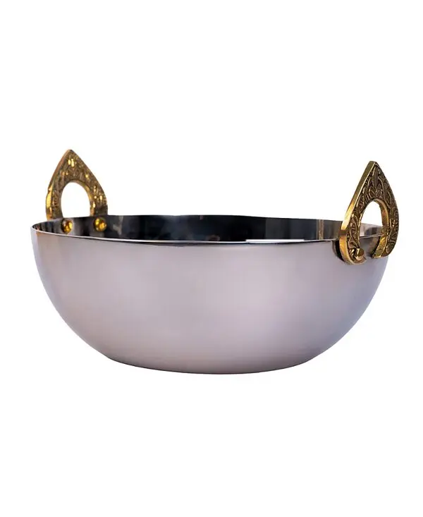 VERVE CULTURE Stainless Steel Handi Serving Bowl With Brass Handles - Silver