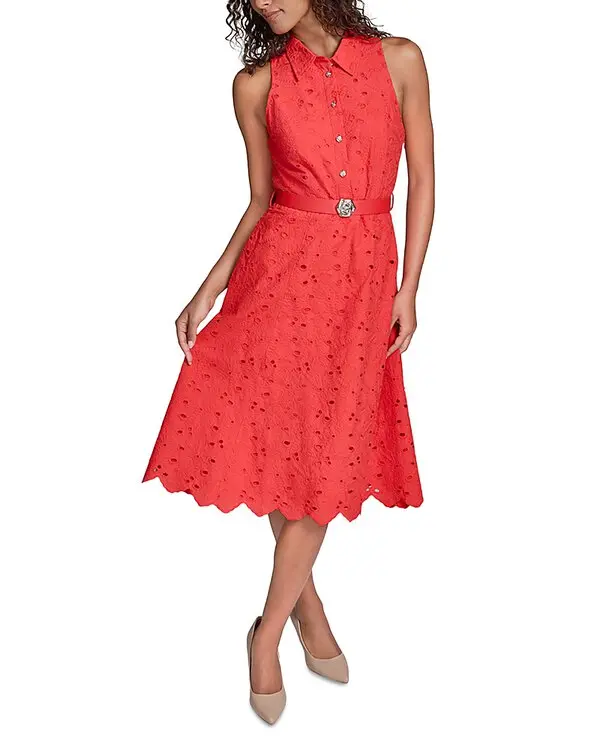 Karl Lagerfeld Paris Sleeveless Eyelet Button-down Midi Dress