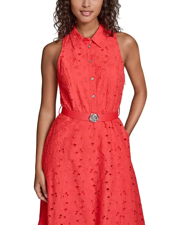 Karl Lagerfeld Paris Sleeveless Eyelet Button-down Midi Dress