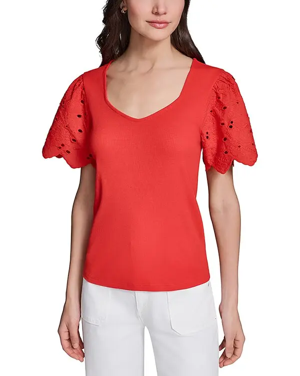 Karl Lagerfeld Paris Short Sleeve Eyelet Knit Top