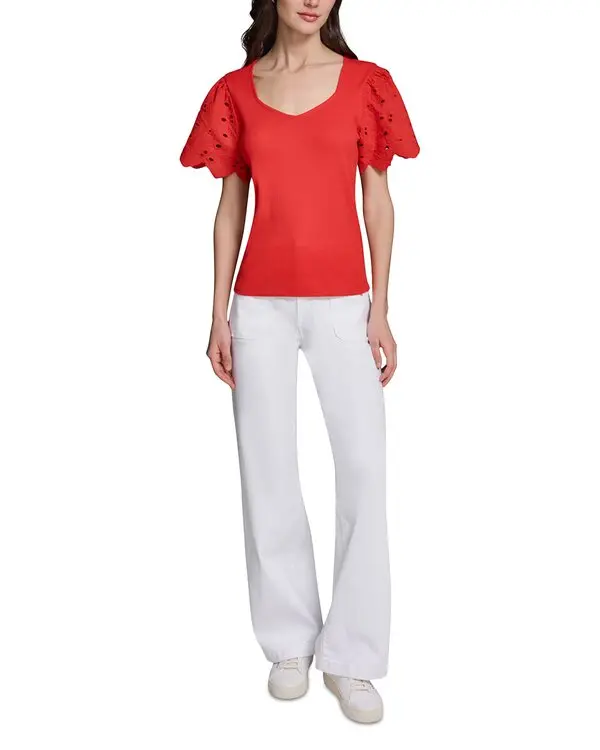 Karl Lagerfeld Paris Short Sleeve Eyelet Knit Top