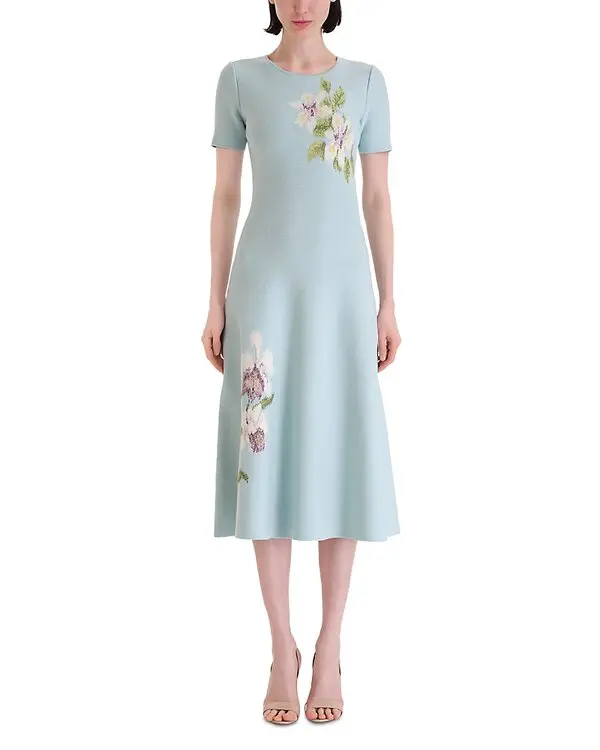 Oscar De La Renta Long A-line Chine Jacquard Knit Dress With Floral Appliques