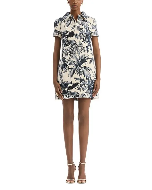 Oscar De La Renta Short Sleeve Printed Tweed Dress