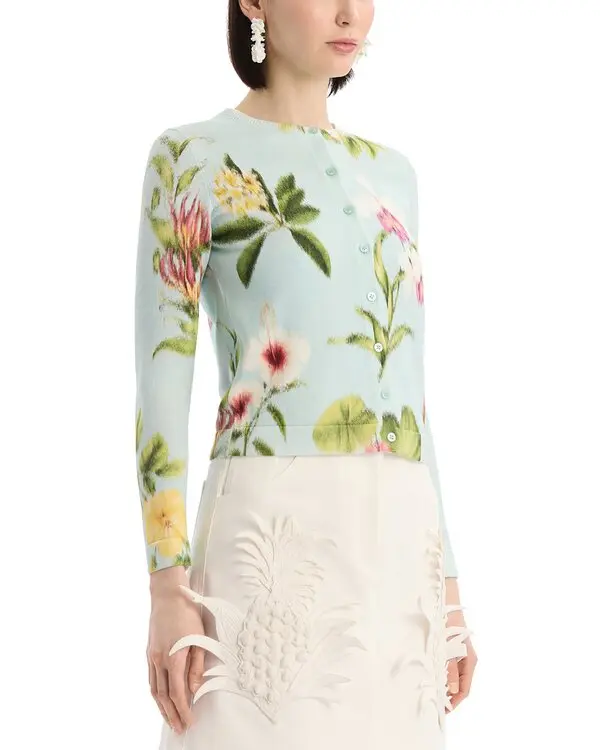 Oscar De La Renta Chine Knit Cardigan Sweater With Floral Print - Saltwater