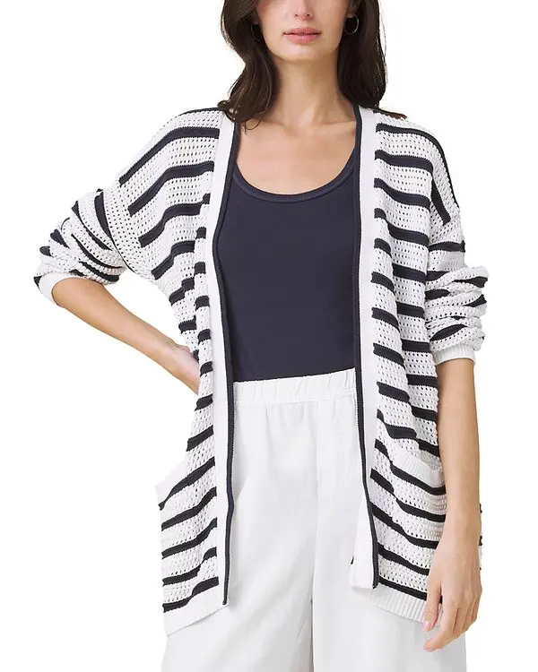 Splendid Striped Open Cardigan In Cotton - White/navy