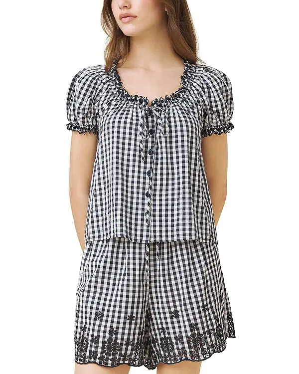 Splendid Gingham Puff Sleeve Blouse With Tie Neck - Navy/white